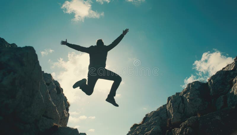 A Man is Jumping Over a Cliff with His Arms Outstretched by AI ...