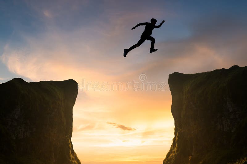 Man Jumping Over the Cliff, Silhouette Stock Image - Image of hardiness ...