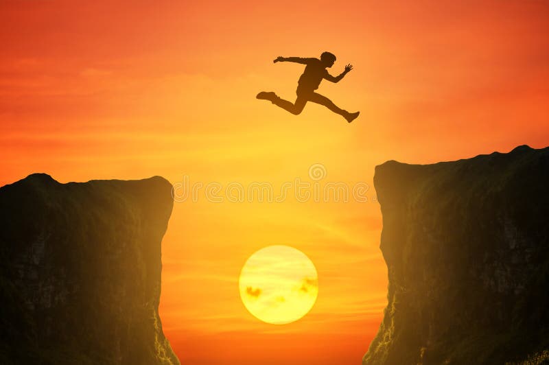 Man Jumping Over the Cliff, Silhouette Stock Image - Image of hardiness ...