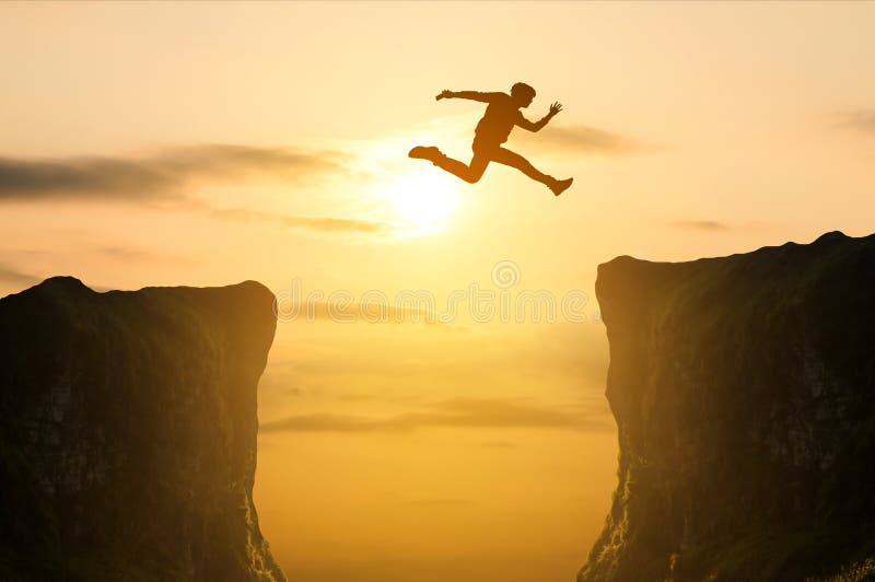 Man Jumping Over the Cliff, Silhouette Stock Photo - Image of jumping ...