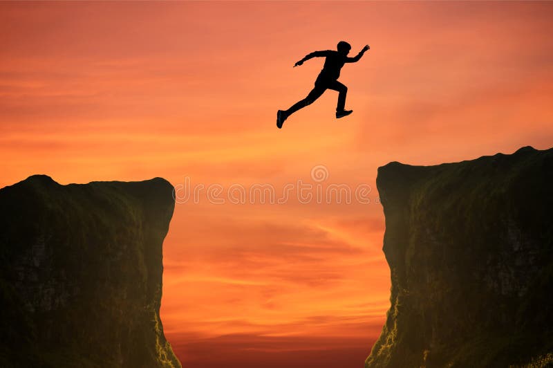 Man Jumping Over the Cliff, Silhouette Stock Image - Image of hardiness ...