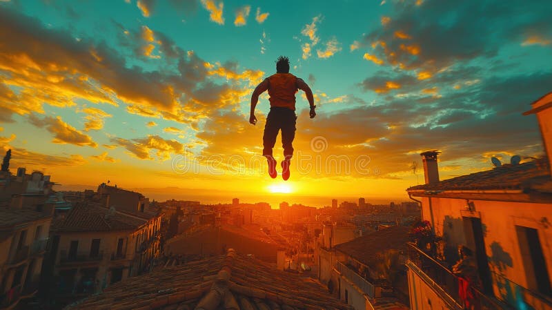 Man Jumping Over Rooftops during Vibrant Sunset with Dramatic Sky in ...
