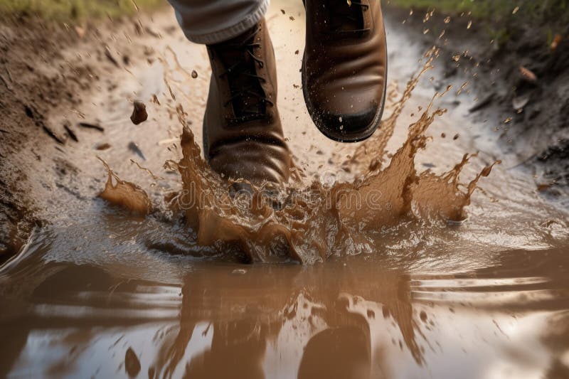 Man Jumping in a Puddle, Splashes of Dirty Water. High Angle View, only ...