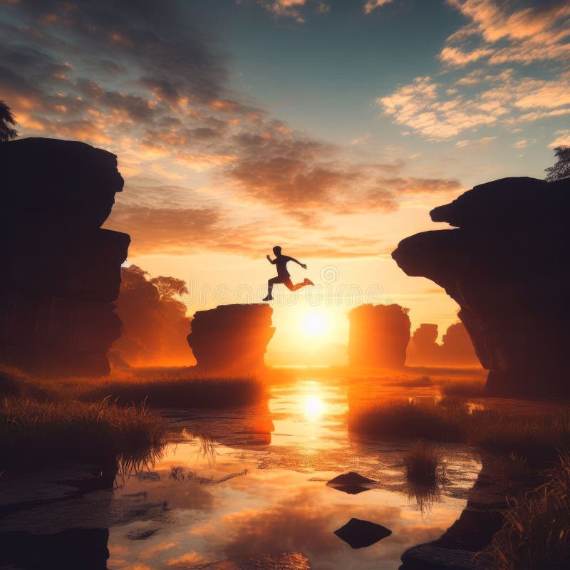 Man Jumping between Rocky Cliffs at Sunrise Stock Image - Image of ...