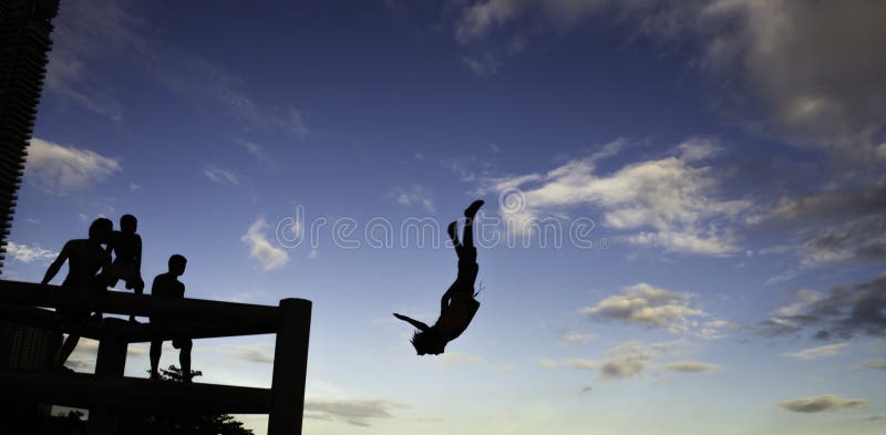 Man jumping to the river stock image. Image of siluate - 43412621