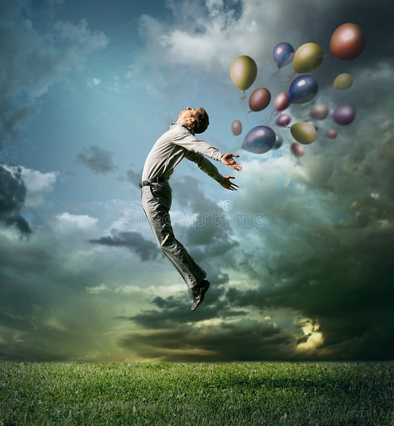 Man Jumping Up To Sky Wit Color Bright Balloon Stock Image - Image of ...