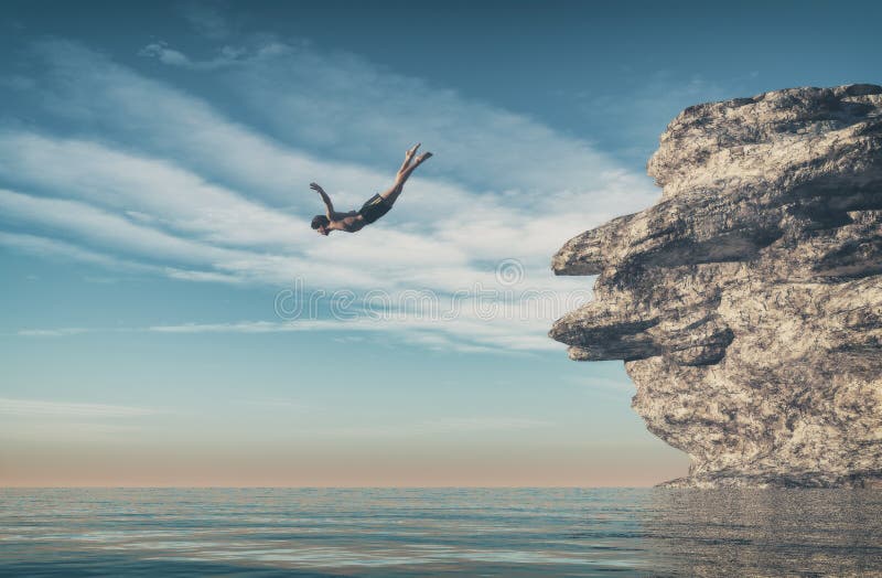 Man Jumps into the Ocean from a Cliff. this is a 3d Render Illus Stock ...