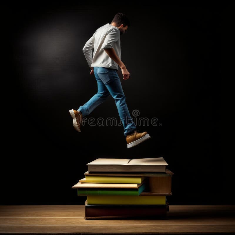 A man jumps over books. stock illustration. Illustration of high ...