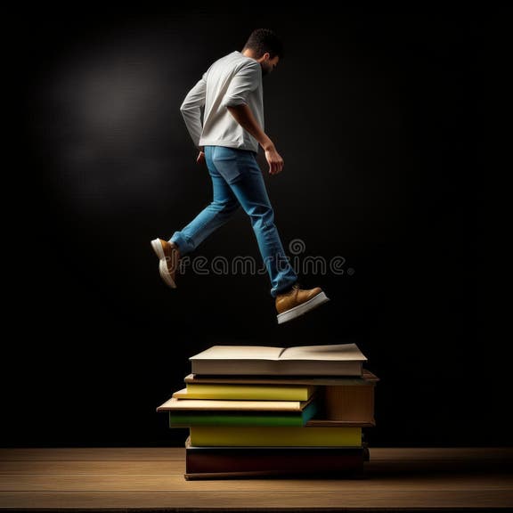 A man jumps over books. stock illustration. Illustration of high ...