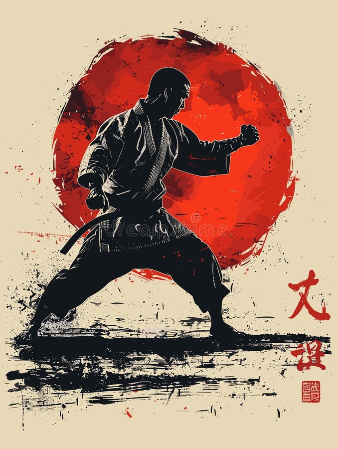 Man in a Karate Uniform is Standing in Front of a Red Sun Stock Vector ...