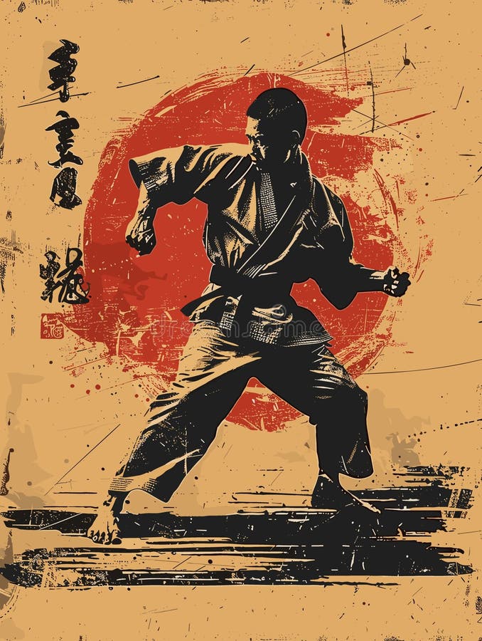 Man in a Karate Uniform is Standing in Front of a Red Sun Stock Vector ...