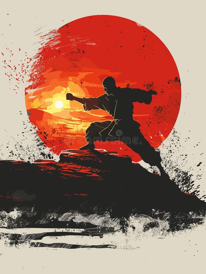 Man in a Karate Uniform is Standing in Front of a Red Sun Stock Vector ...