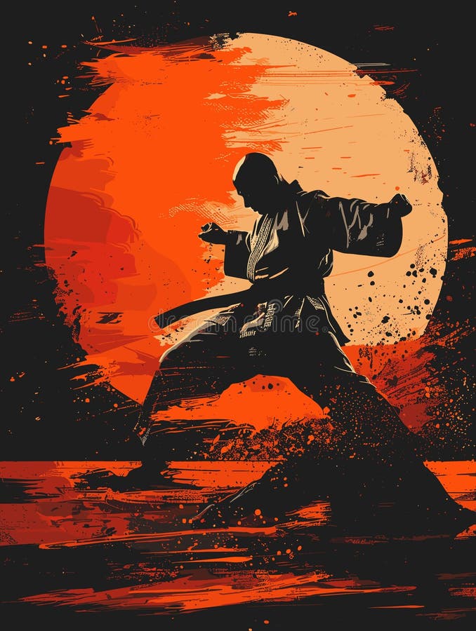 Man in a Karate Uniform is Standing in Front of a Red Sun Stock Vector ...