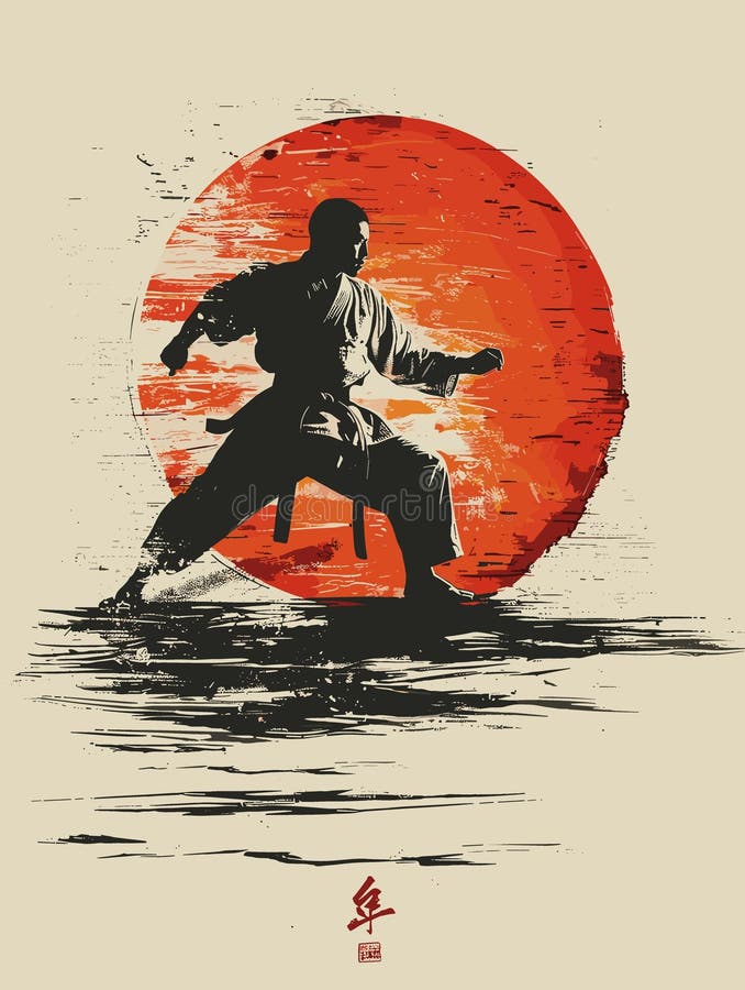 Man in a Karate Uniform is Standing in Front of a Red Sun Stock Vector ...