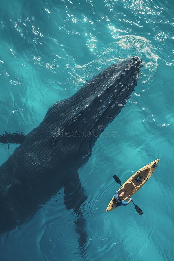 A Man in a Kayak Swims Next To a Large Whale. Top View. Stock ... A Man in a Kayak Swims Next To a Large Whale. Top View. Stock ...