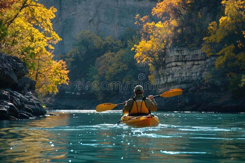 A Man is Kayaking Down a Mountain River. a Man in a Kayak, Side View ...