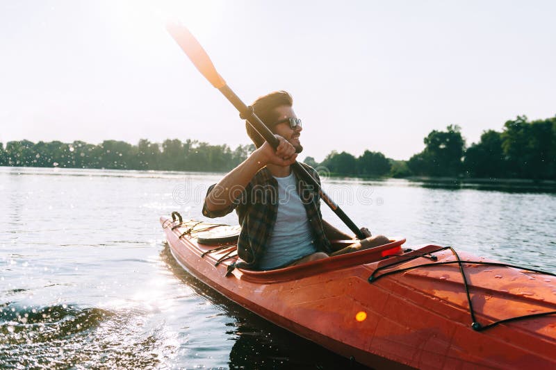 Handsome Man Kayaking on Lake Sea in Boat. Stock Photo - Image of ...