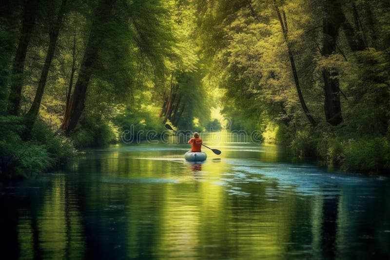 A Man Kayaking on a River Generative AI Stock Photo - Image of kayaking ...