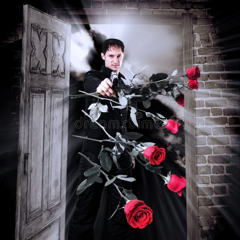 Man Killer with Gun and Red Roses Stock Image - Image of kill, dark ...