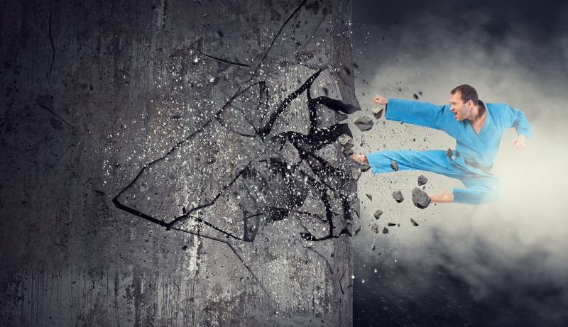Man in Kimono Break Wall. Mixed Media Stock Image - Image of cement ...