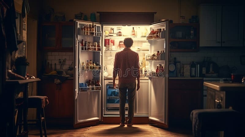Man in Kitchen Opening Fridge Door Looking Back View. Generative AI ...