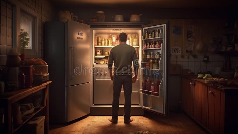 Man in Kitchen Opening Fridge Door Looking Back View. Generative AI ...