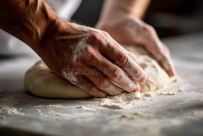 Man Kneading Dough for Pizza, Bread or Pastry on Wooden Table in a ...