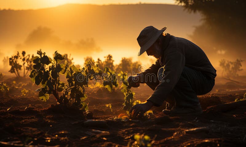 Man Kneeling in Field by Tree Stock Photo - Image of rural, plant ...