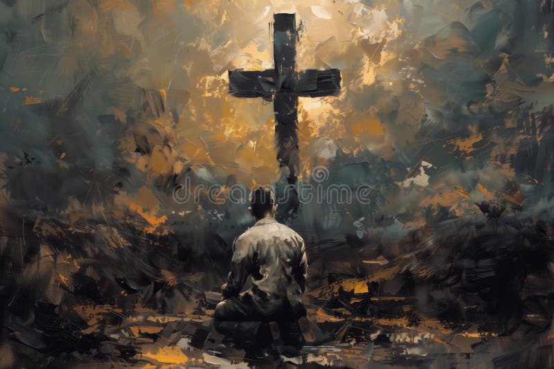 A Man Kneeling in Front of the Cross. Stock Illustration - Illustration ...