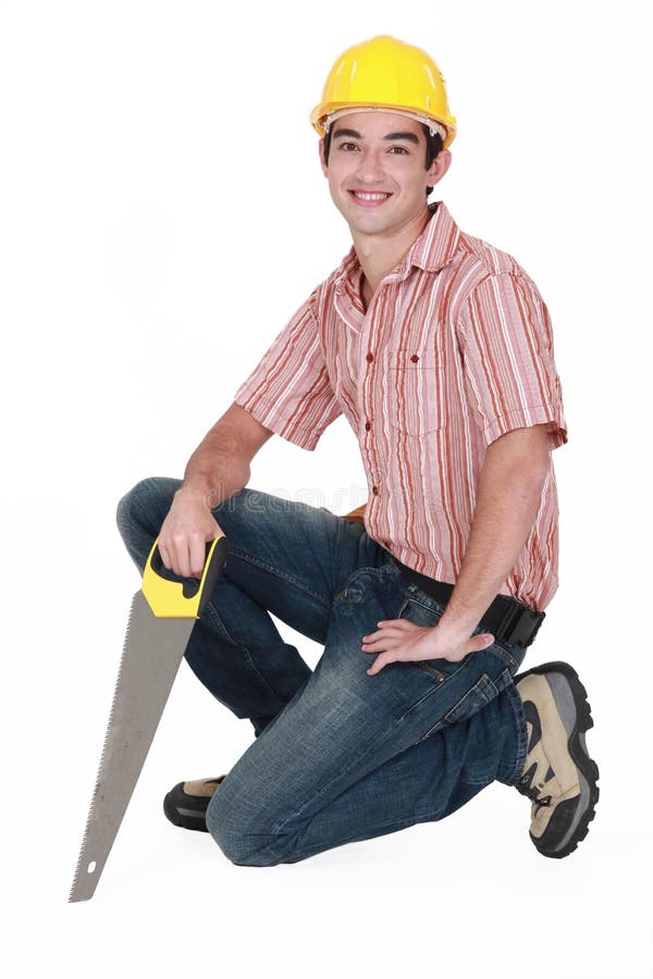 Workman Kneeling Down To Tie Shoelace Stock Image - Image of workshop ...