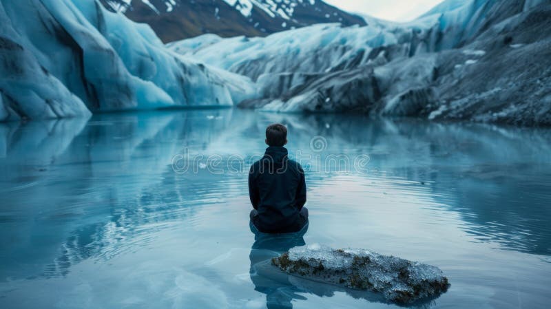 A Man Kneeling in a Small Pool of Ice Water Visualizing Himself As a ...