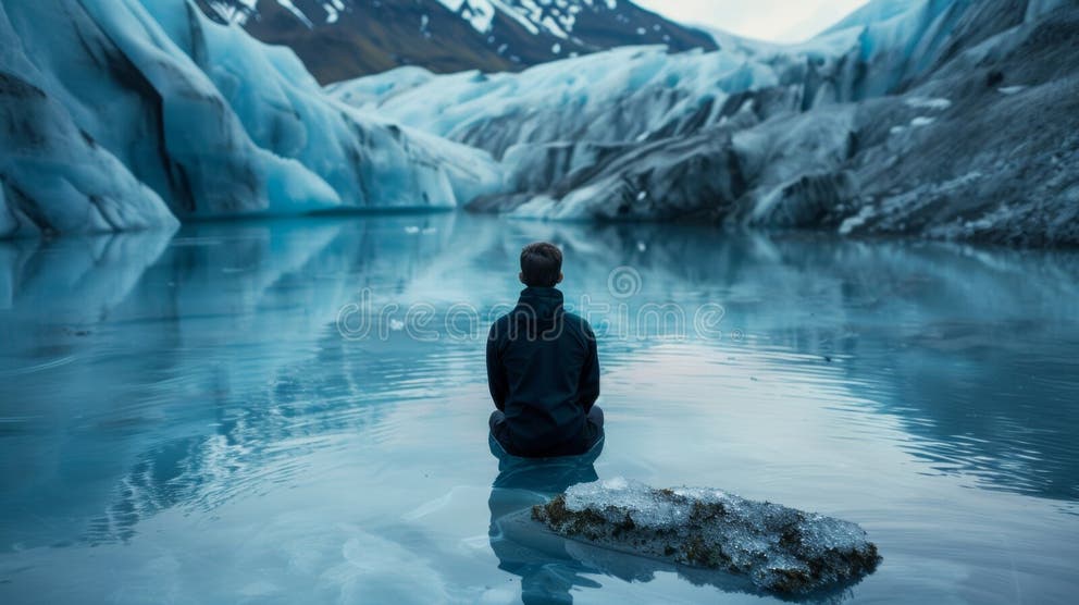 A Man Kneeling in a Small Pool of Ice Water Visualizing Himself As a ...