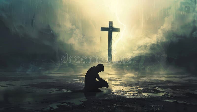 A Man is Kneeling in the Water in Front of a Cross by AI Generated ...