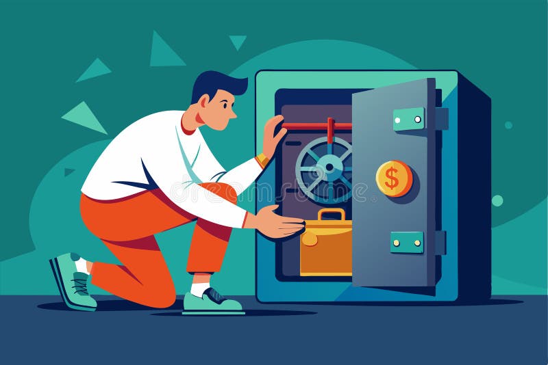 A Man Kneels beside a Safe, Carefully Storing a Valuable Case within it ...