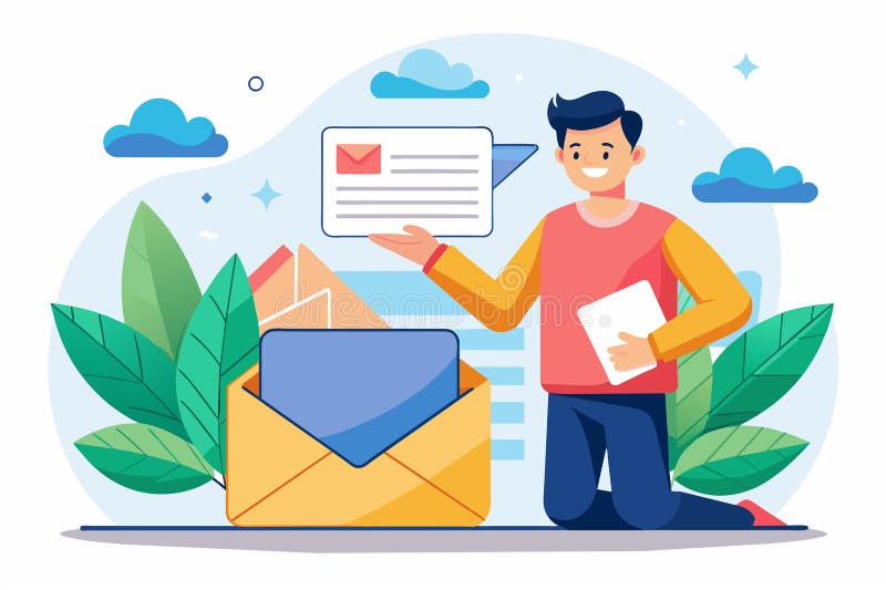 A Man Kneels while Viewing an Email Notification Featuring Colorful ...