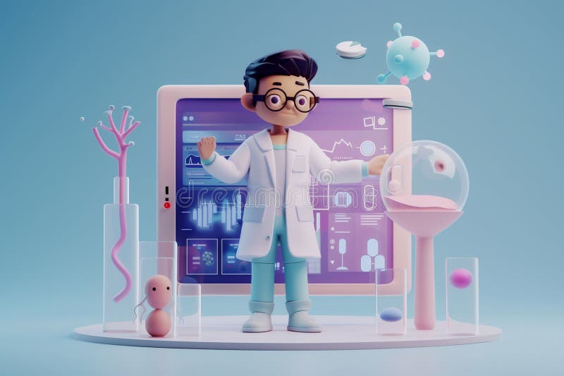 Man in Lab Coat Analyzing Data on Computer Screen Stock Photo - Image ...