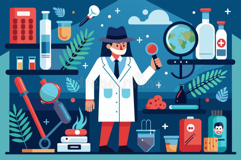 A Man in a Lab Coat Carefully Examines Details Using a Magnifying Glass ...