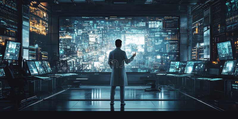 Man in Lab Coat Facing Large Screen Filled with Data in a Futuristic ...