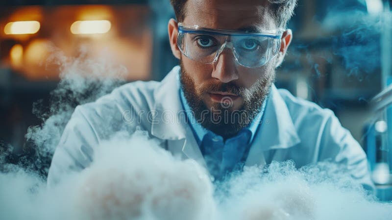Man in a Lab Coat and Goggles Conducting Experiments in a Laboratory ...