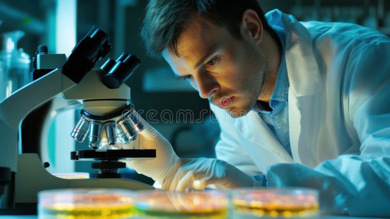A Man in a Lab Coat is Looking through a Microscope at a Sample Stock ...