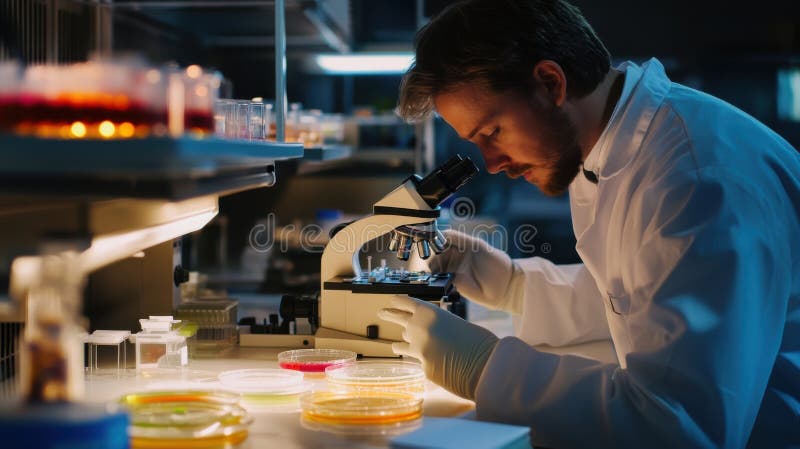Man in a Lab Coat Using a Microscope To Examine a Sample, Suitable for ...