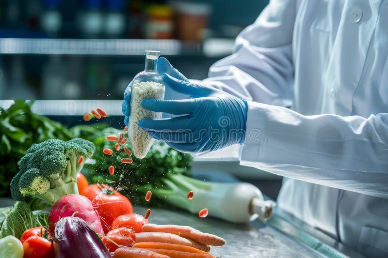 A Man in a Lab Coat is Sprinkling Various Vegetables on a Table ...