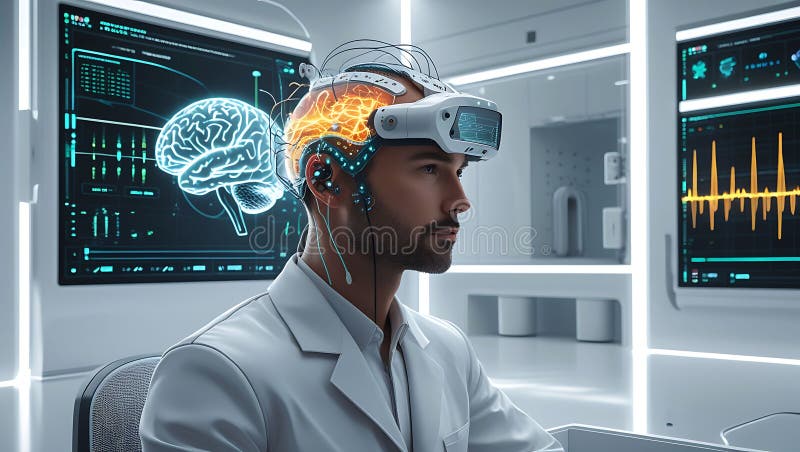 Man in Lab Coat Wearing Vr Headset with Brain Interface and Monitors ...