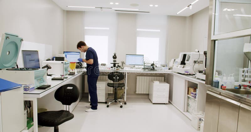 Man Laboratory Assistant Analyzing Blood Sample and Determinate Type ...