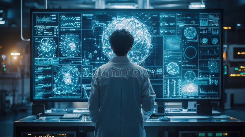 A Man in a Laboratory Examining Data on a Computer Screen with ...