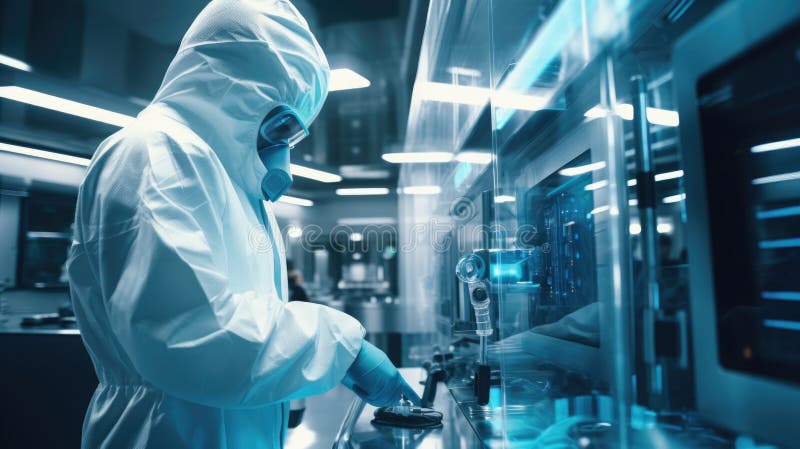 A Man in a Laboratory Suit is Standing in a Sterile Room with a ...