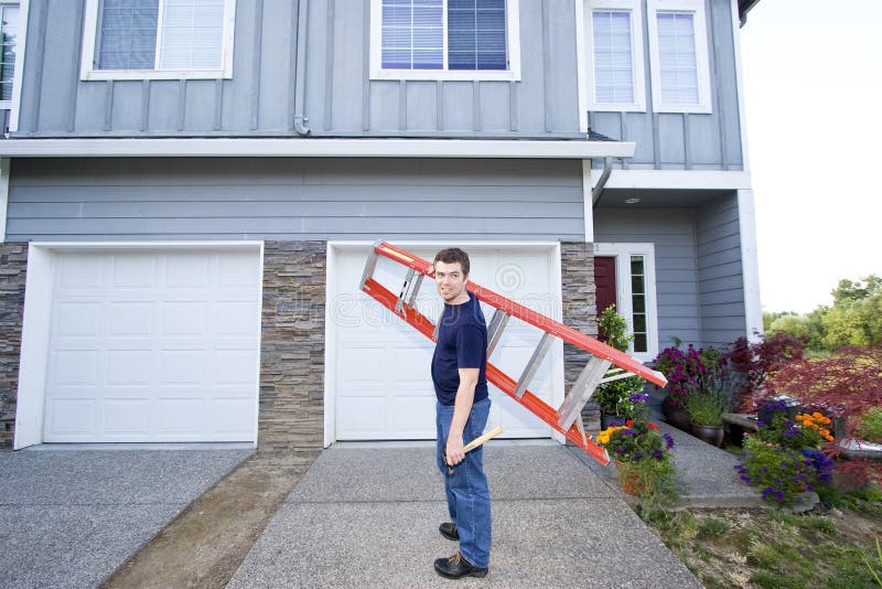 Man with Ladder stock image. Image of laughter, exterior - 6295397