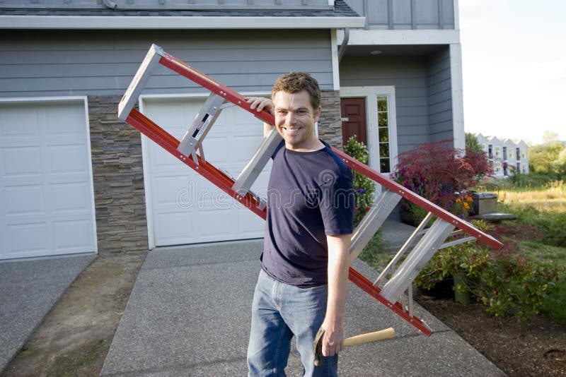 Man with Ladder and Hammer - Horizontal Stock Image - Image of cheerful ...