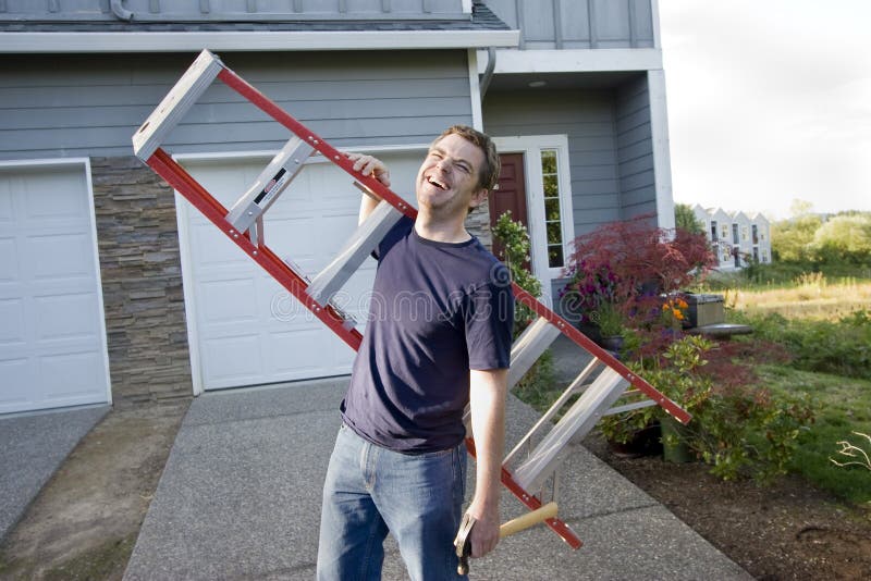 Man with Ladder and Hammer - Horizontal Stock Photo - Image of ...