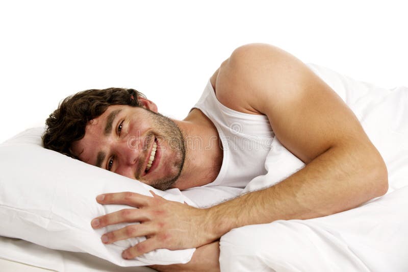 Man Laid in White Bed Smiling Stock Image - Image of tired, positive ...